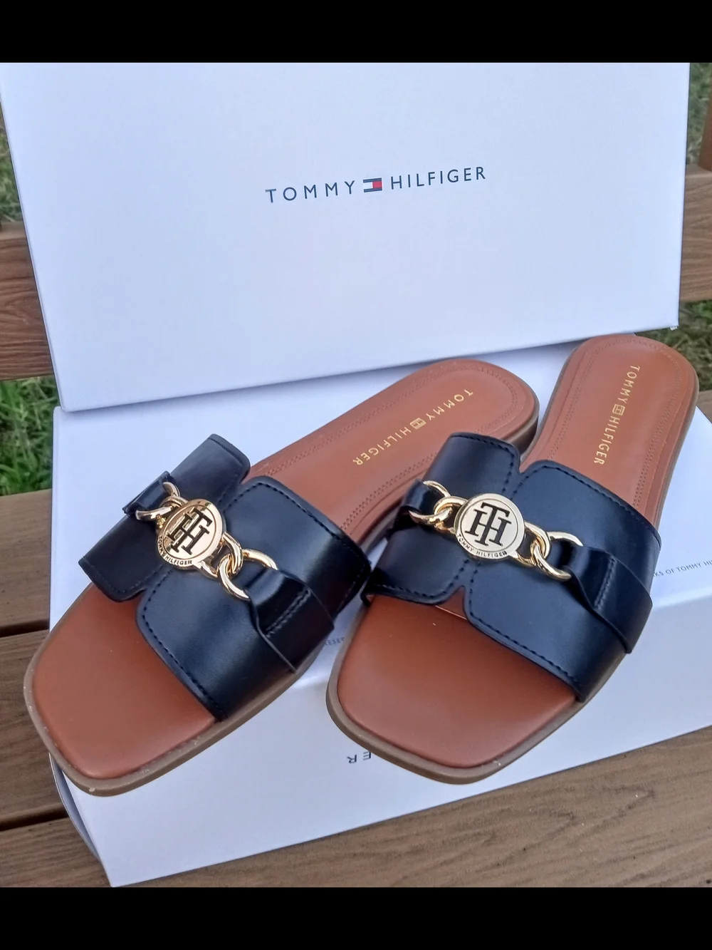 Tommy Hilfiger | Shoes | Tommy Hilfiger Black Leather Slide Mules With ...